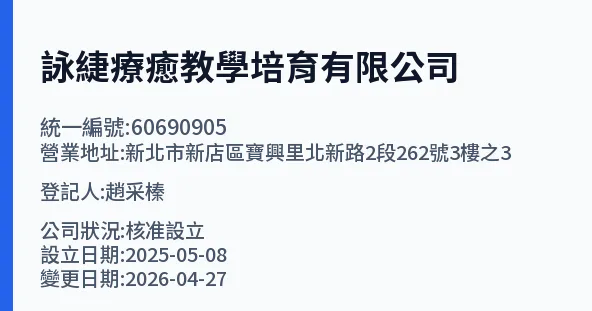 詠緁療癒教學培育有限公司的照片-統編 60690905(新北市) 公司登記資料與營業項目詳細圖表
