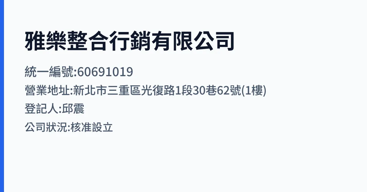 雅樂整合行銷有限公司 - 統編 60691019(新北市) 公司登記資料與營業項目詳細圖表