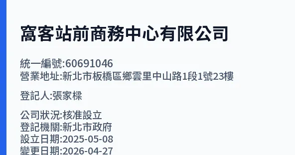 窩客站前商務中心有限公司的照片-統編 60691046(新北市) 公司登記資料與營業項目詳細圖表