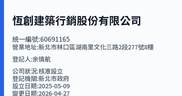恆創建築行銷股份有限公司的照片-統編 60691165(新北市) 公司登記資料與營業項目詳細圖表