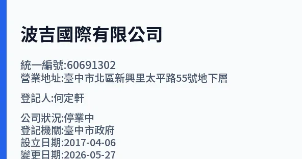 波吉國際有限公司的照片-統編 60691302(臺中市) 公司登記資料與營業項目詳細圖表