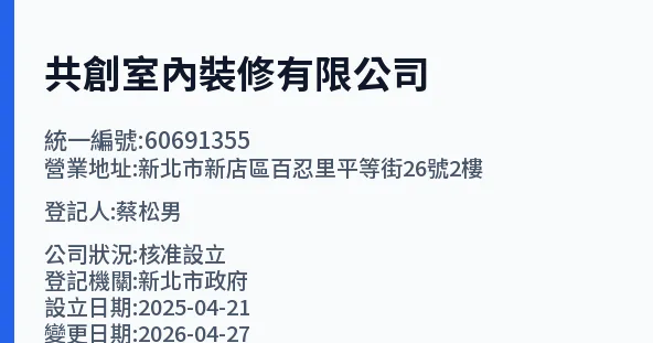 共創室內裝修有限公司的照片-統編 60691355(新北市) 公司登記資料與營業項目詳細圖表