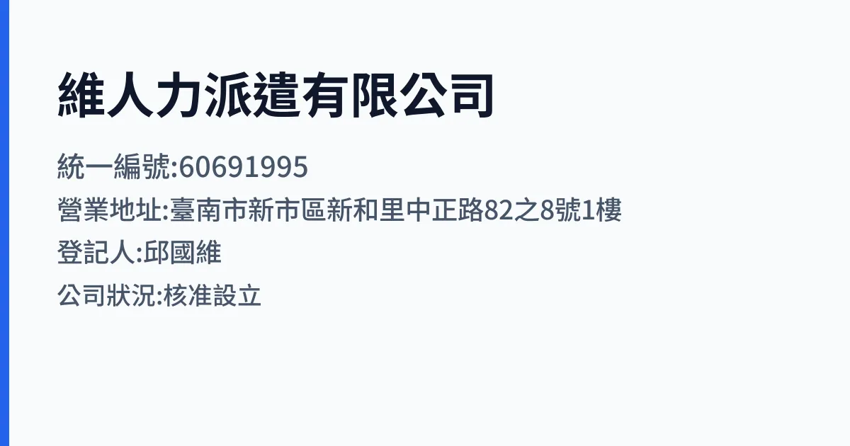 維人力派遣有限公司 - 統編 60691995(臺南市) 公司登記資料與營業項目詳細圖表