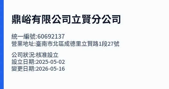 鼎峪有限公司立賢分公司的照片-統編 60692137(臺南市) 公司登記資料與營業項目詳細圖表