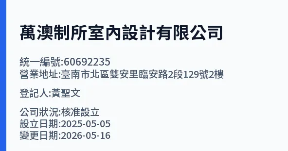 萬澳制所室內設計有限公司的照片-統編 60692235(臺南市) 公司登記資料與營業項目詳細圖表