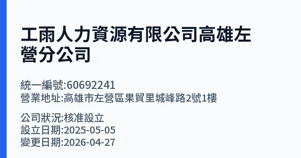 工雨人力資源有限公司高雄左營分公司的照片-統編 60692241(高雄市) 公司登記資料與營業項目詳細圖表