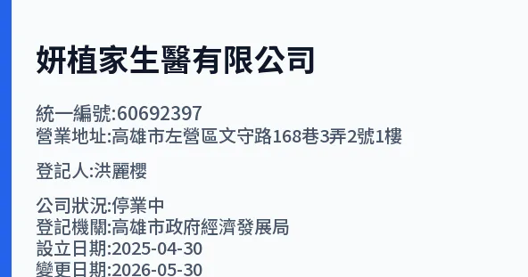 妍植家生醫有限公司的照片-統編 60692397(高雄市) 公司登記資料與營業項目詳細圖表