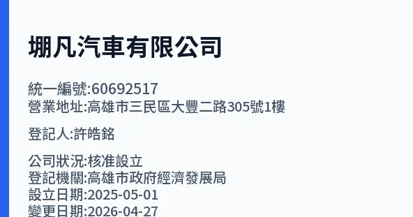 堋凡汽車有限公司的照片-統編 60692517(高雄市) 公司登記資料與營業項目詳細圖表