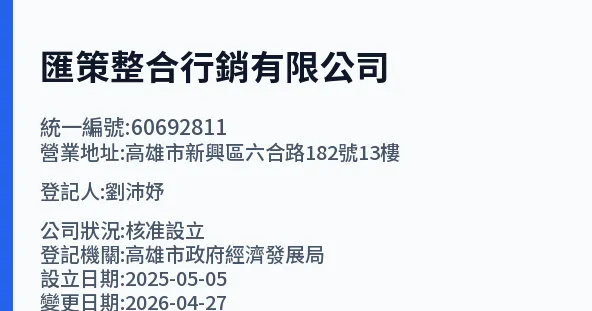 匯策整合行銷有限公司的照片-統編 60692811(高雄市) 公司登記資料與營業項目詳細圖表