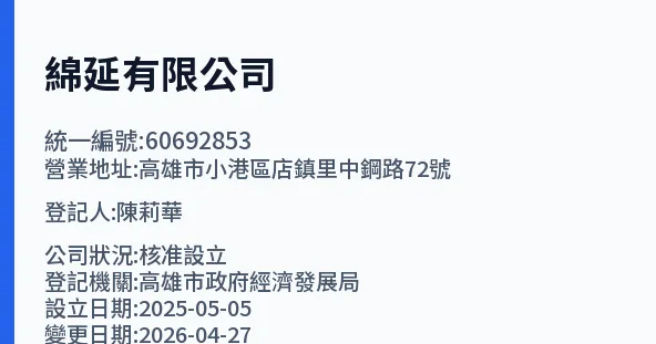 綿延有限公司的照片-統編 60692853(高雄市) 公司登記資料與營業項目詳細圖表