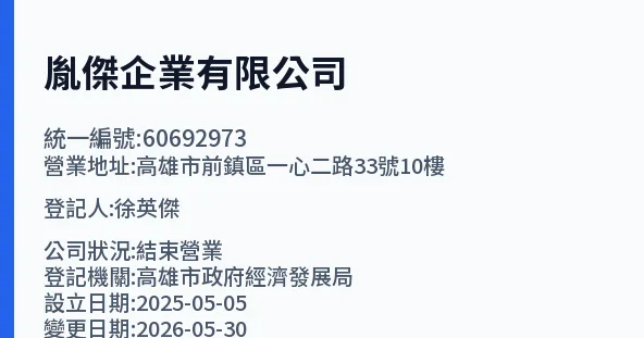胤傑企業有限公司的照片-統編 60692973(高雄市) 公司登記資料與營業項目詳細圖表