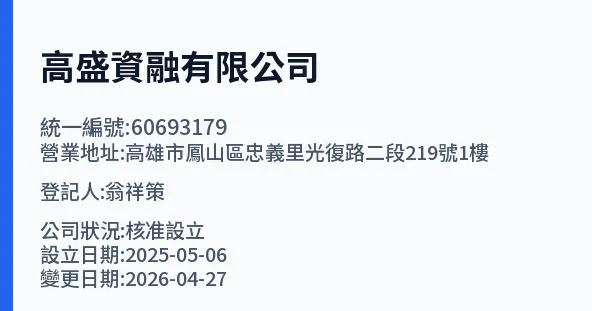 高盛資融有限公司的照片-統編 60693179(高雄市) 公司登記資料與營業項目詳細圖表