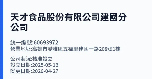 天才食品股份有限公司建國分公司的照片-統編 60693972(高雄市) 公司登記資料與營業項目詳細圖表