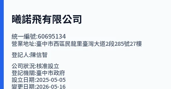 曦諾飛有限公司的照片-統編 60695134(臺中市) 公司登記資料與營業項目詳細圖表