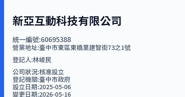 新亞互動科技有限公司的照片-統編 60695388(臺中市) 公司登記資料與營業項目詳細圖表