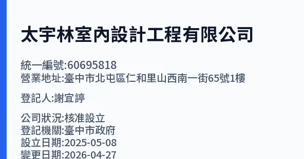 太宇林室內設計工程有限公司的照片-統編 60695818(臺中市) 公司登記資料與營業項目詳細圖表