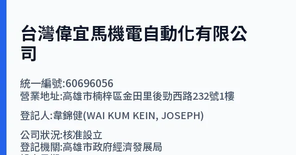 台灣偉宜馬機電自動化有限公司的照片-統編 60696056(高雄市) 公司登記資料與營業項目詳細圖表