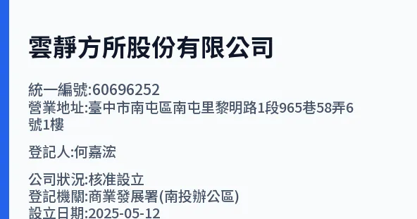 雲靜方所股份有限公司的照片-統編 60696252(臺中市) 公司登記資料與營業項目詳細圖表