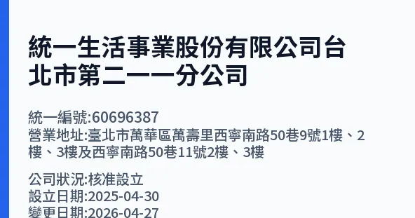統一生活事業股份有限公司台北市第二一一分公司的照片-統編 60696387(臺北市) 公司登記資料與營業項目詳細圖表