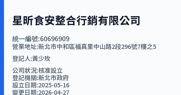 星昕食安整合行銷有限公司的照片-統編 60696909(新北市) 公司登記資料與營業項目詳細圖表