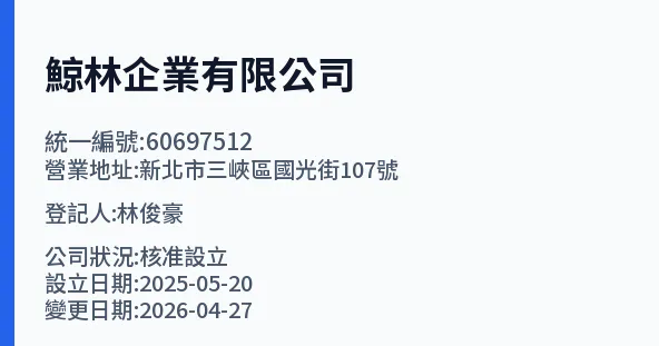 鯨林企業有限公司的照片-統編 60697512(新北市) 公司登記資料與營業項目詳細圖表