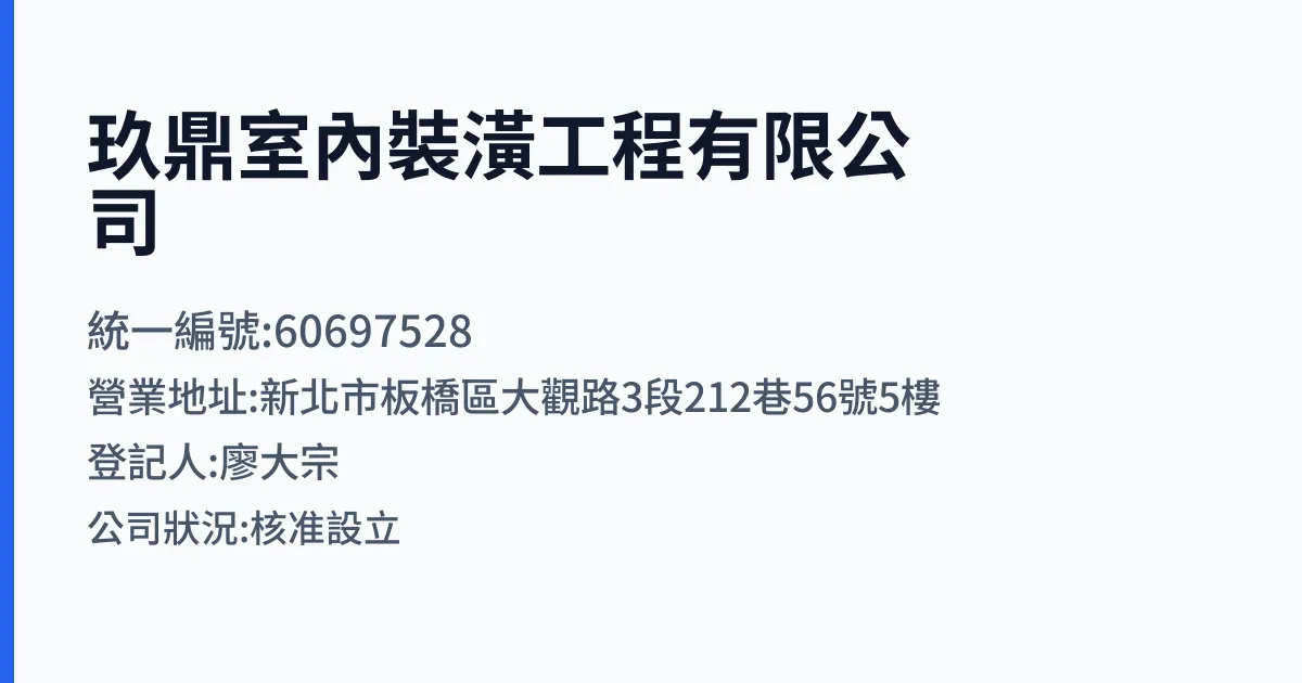 玖鼎室內裝潢工程有限公司 - 統編 60697528(新北市) 公司登記資料與營業項目詳細圖表