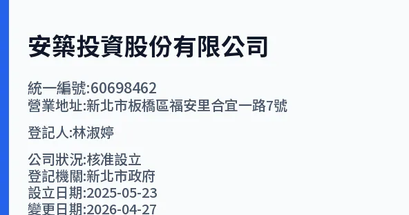 安築投資股份有限公司的照片-統編 60698462(新北市) 公司登記資料與營業項目詳細圖表