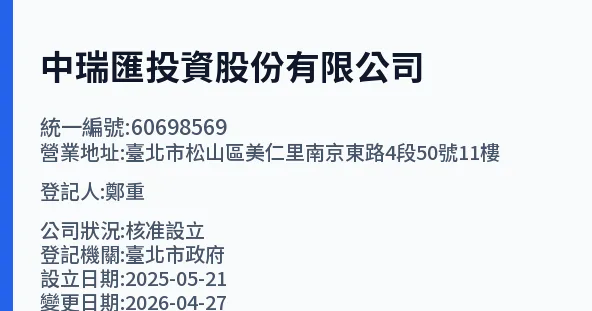 中瑞匯投資股份有限公司的照片-統編 60698569(臺北市) 公司登記資料與營業項目詳細圖表
