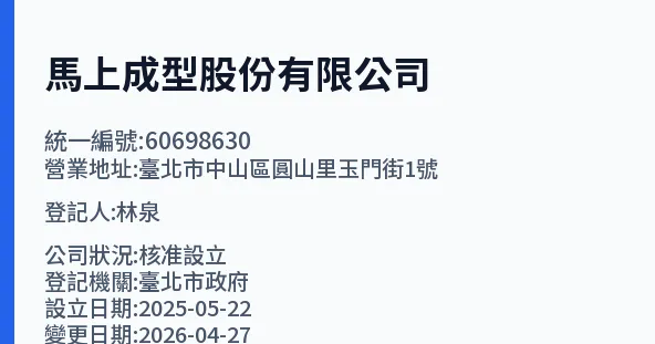馬上成型股份有限公司的照片-統編 60698630(臺北市) 公司登記資料與營業項目詳細圖表