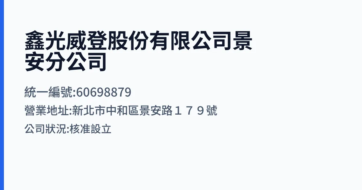 鑫光威登股份有限公司景安分公司 - 統編 60698879(新北市) 公司登記資料與營業項目詳細圖表