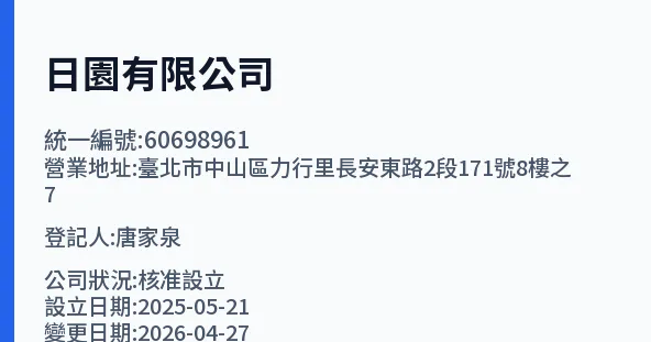 日園有限公司的照片-統編 60698961(臺北市) 公司登記資料與營業項目詳細圖表