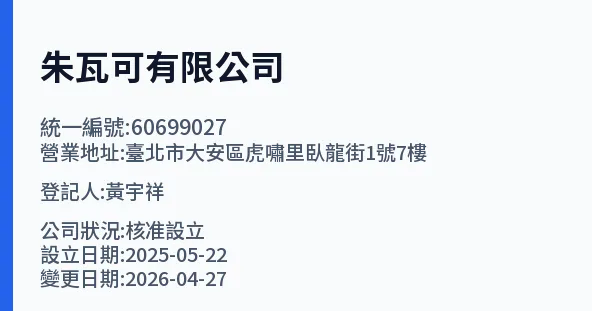 朱瓦可有限公司的照片-統編 60699027(臺北市) 公司登記資料與營業項目詳細圖表