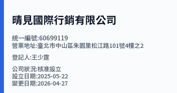 晴見國際行銷有限公司的照片-統編 60699119(臺北市) 公司登記資料與營業項目詳細圖表