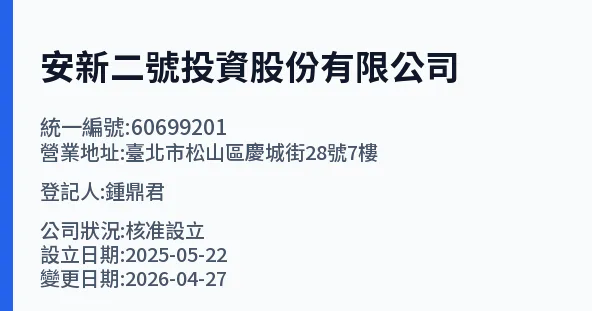安新二號投資股份有限公司的照片-統編 60699201(臺北市) 公司登記資料與營業項目詳細圖表