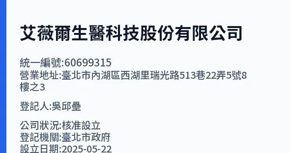 艾薇爾生醫科技股份有限公司的照片-統編 60699315(臺北市) 公司登記資料與營業項目詳細圖表
