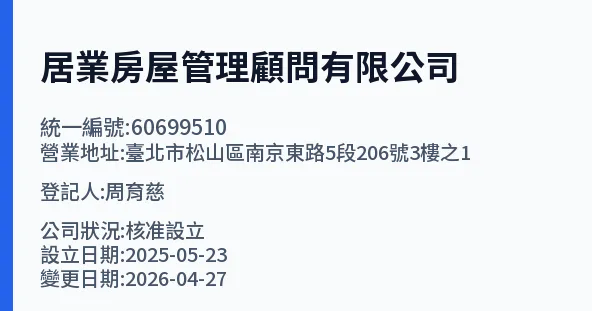 居業房屋管理顧問有限公司的照片-統編 60699510(臺北市) 公司登記資料與營業項目詳細圖表