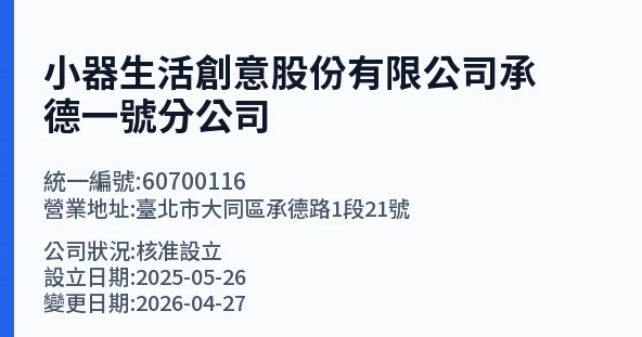 小器生活創意股份有限公司承德一號分公司的照片-統編 60700116(臺北市) 公司登記資料與營業項目詳細圖表