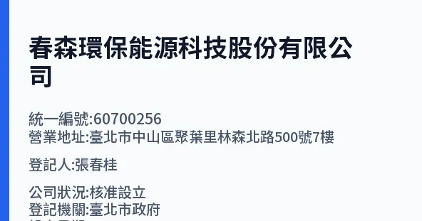 春森環保能源科技股份有限公司的照片-統編 60700256(臺北市) 公司登記資料與營業項目詳細圖表