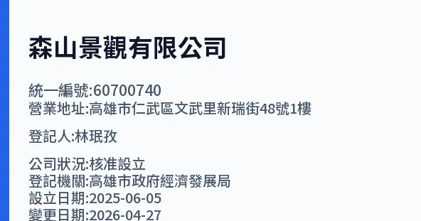 森山景觀有限公司的照片-統編 60700740(高雄市) 公司登記資料與營業項目詳細圖表
