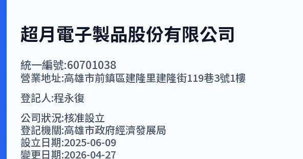 超月電子製品股份有限公司的照片-統編 60701038(高雄市) 公司登記資料與營業項目詳細圖表