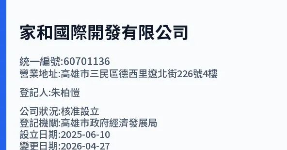家和國際開發有限公司的照片-統編 60701136(高雄市) 公司登記資料與營業項目詳細圖表