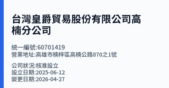 台灣皇爵貿易股份有限公司高楠分公司的照片-統編 60701419(高雄市) 公司登記資料與營業項目詳細圖表