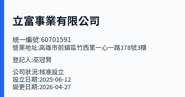 立富事業有限公司的照片-統編 60701591(高雄市) 公司登記資料與營業項目詳細圖表
