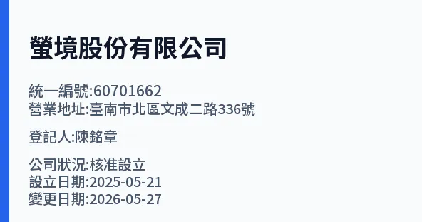 螢境股份有限公司的照片-統編 60701662(臺南市) 公司登記資料與營業項目詳細圖表