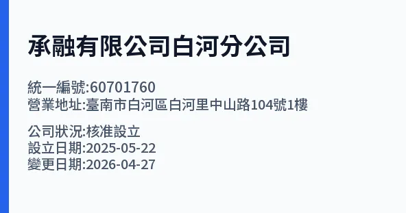 承融有限公司白河分公司的照片-統編 60701760(臺南市) 公司登記資料與營業項目詳細圖表