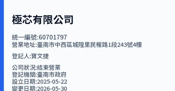 極芯有限公司的照片-統編 60701797(臺南市) 公司登記資料與營業項目詳細圖表