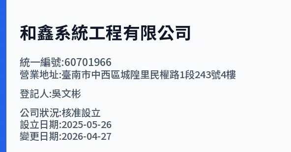 和鑫系統工程有限公司的照片-統編 60701966(臺南市) 公司登記資料與營業項目詳細圖表