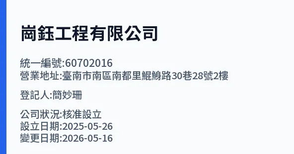 崗鈺工程有限公司的照片-統編 60702016(臺南市) 公司登記資料與營業項目詳細圖表
