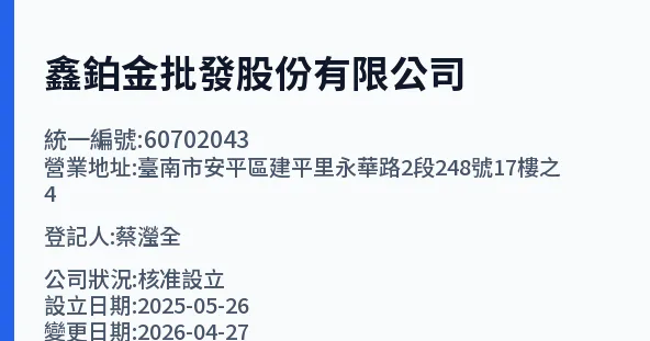 鑫鉑金批發股份有限公司的照片-統編 60702043(臺南市) 公司登記資料與營業項目詳細圖表