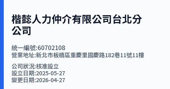 楷懿人力仲介有限公司台北分公司的照片-統編 60702108(新北市) 公司登記資料與營業項目詳細圖表